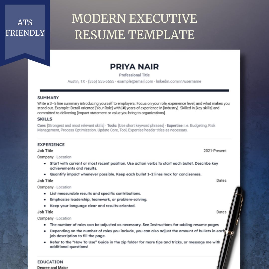 ATS Friendly Modern Executive Resume Template Google Docs, Word, Pages ...