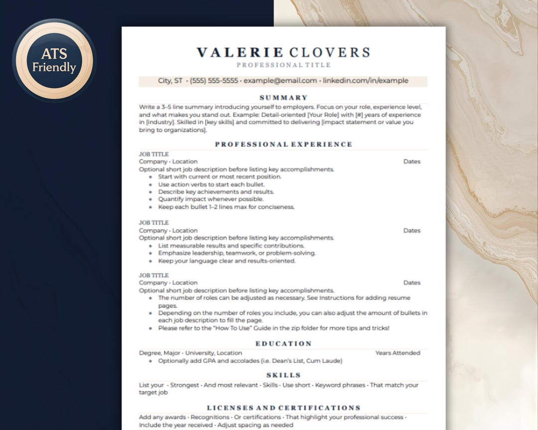ATS Friendly Simple Professional Resume Template Google Docs, Word ...