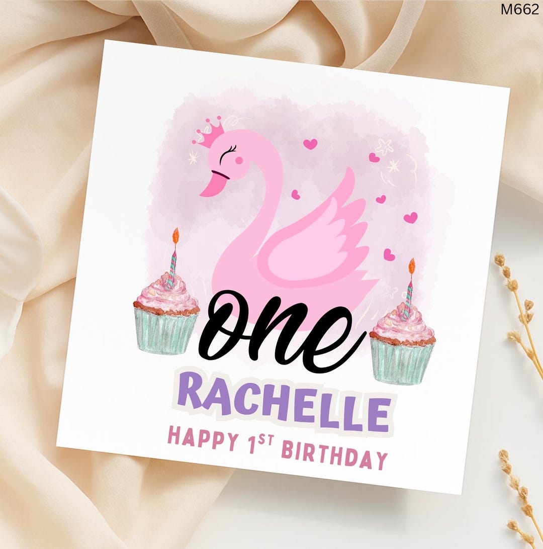 Personalized 1st Birthday Card: Pink Swan & Cupcakes - Etsy