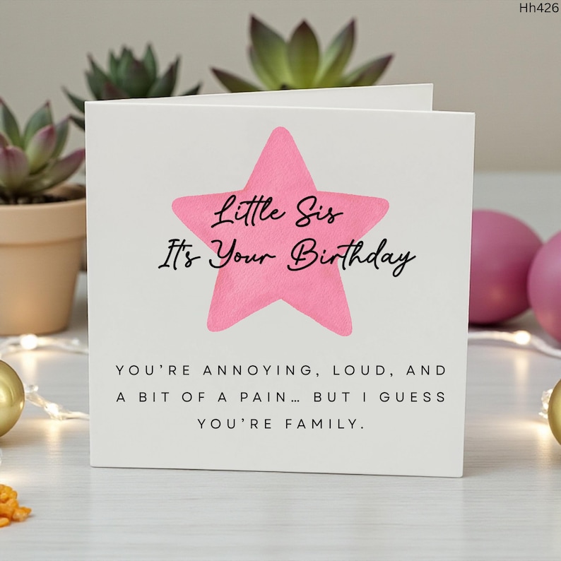 Funny Little Sister Birthday Card, Cute Pink Star Birthday Card for ...