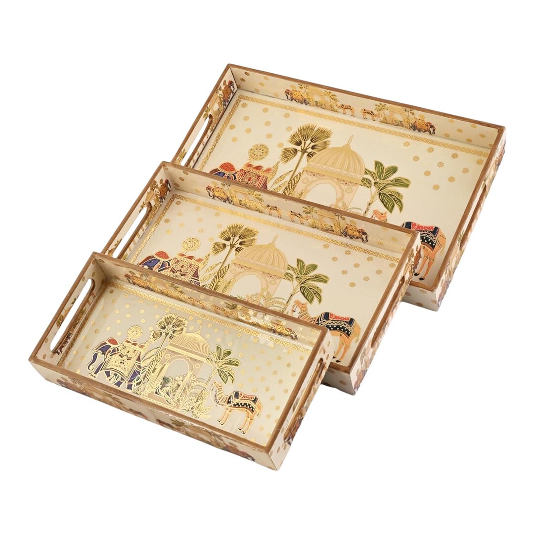 Enamel Coated Wooden Serving Tray Set: Gold Royal Camel Engraving Made ...