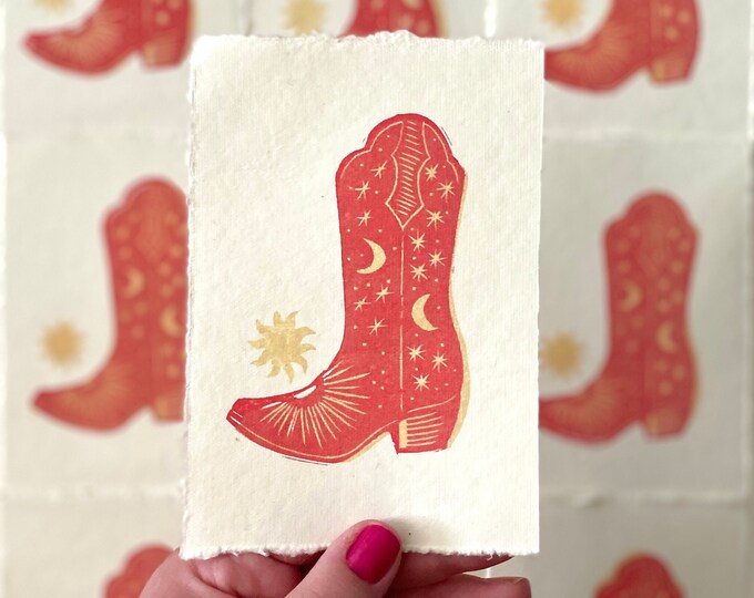 Celestial Cowboy Boot Mini Block Print | Relief Print | Cute Shoes ...