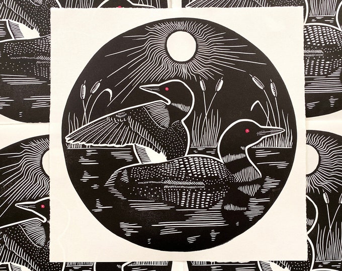 Two Loons Linocut Block Print - Bird Ornithology Avian Relief Print - Etsy