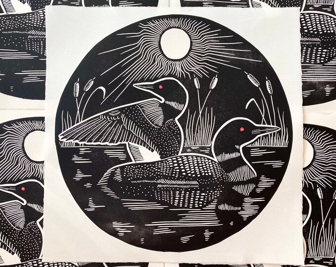 Two Loons Linocut Block Print Bird Ornithology Avian Relief - Etsy