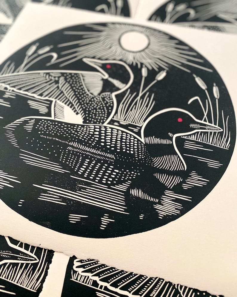 Two Loons Handmade Linocut Print | Bird Art | Ornithology | Gallery ...