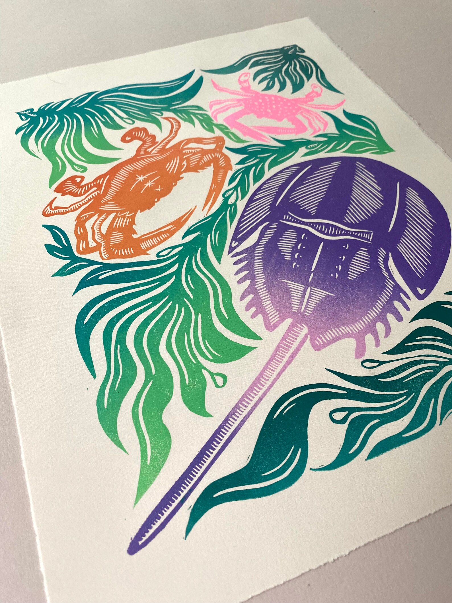 Crab Party Linocut Block Print Crustacean Ocean Life - Etsy