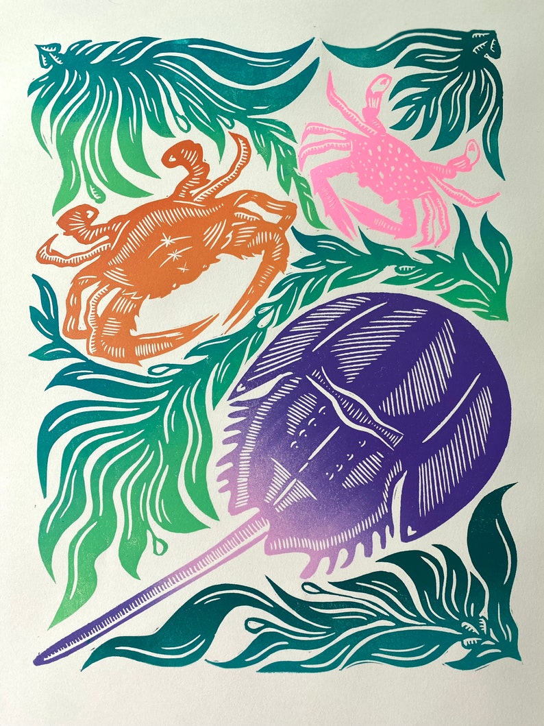 Crab Party Linocut Block Print Crustacean Ocean Life - Etsy