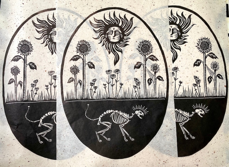 Elysium Linocut Print Skeleton Art Sunflowers Celestial - Etsy