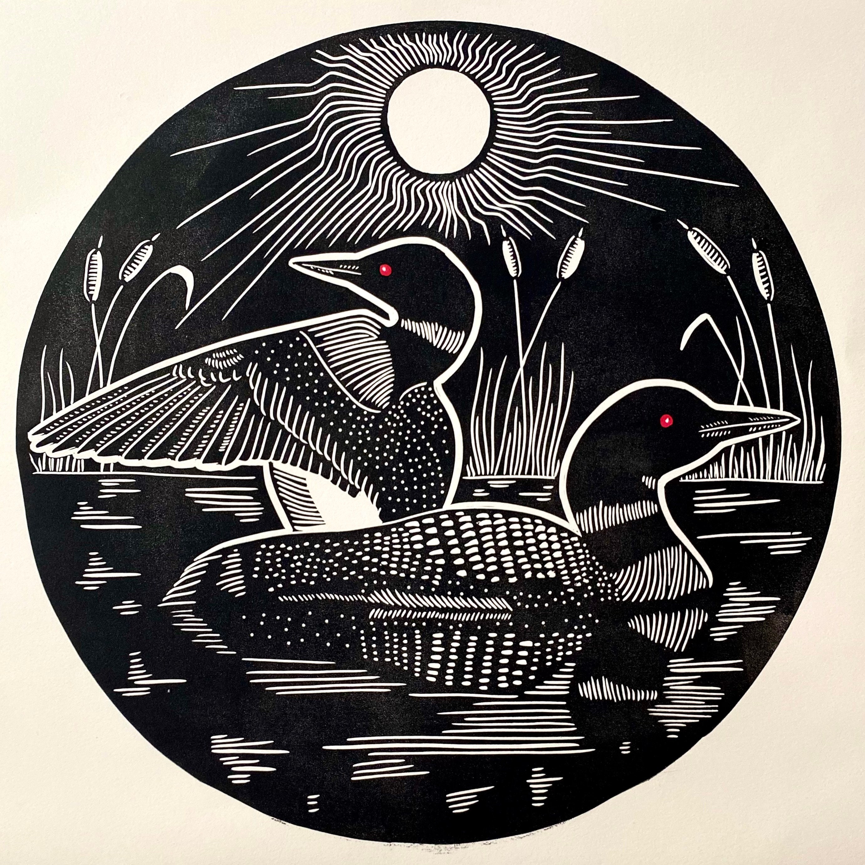Two Loons Handmade Linocut Print | Bird Art | Ornithology | Gallery ...
