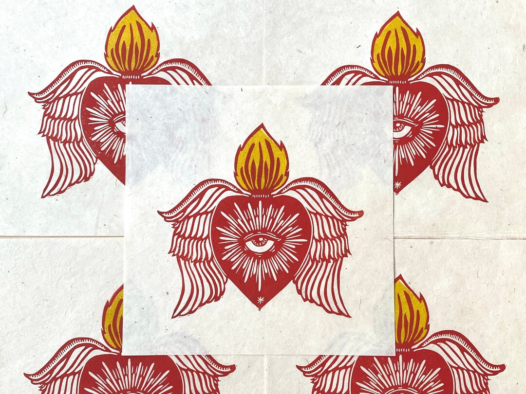 Sacred Heart Block Print | Evil Eye | Ex Voto | Cottagecore | Linocut ...