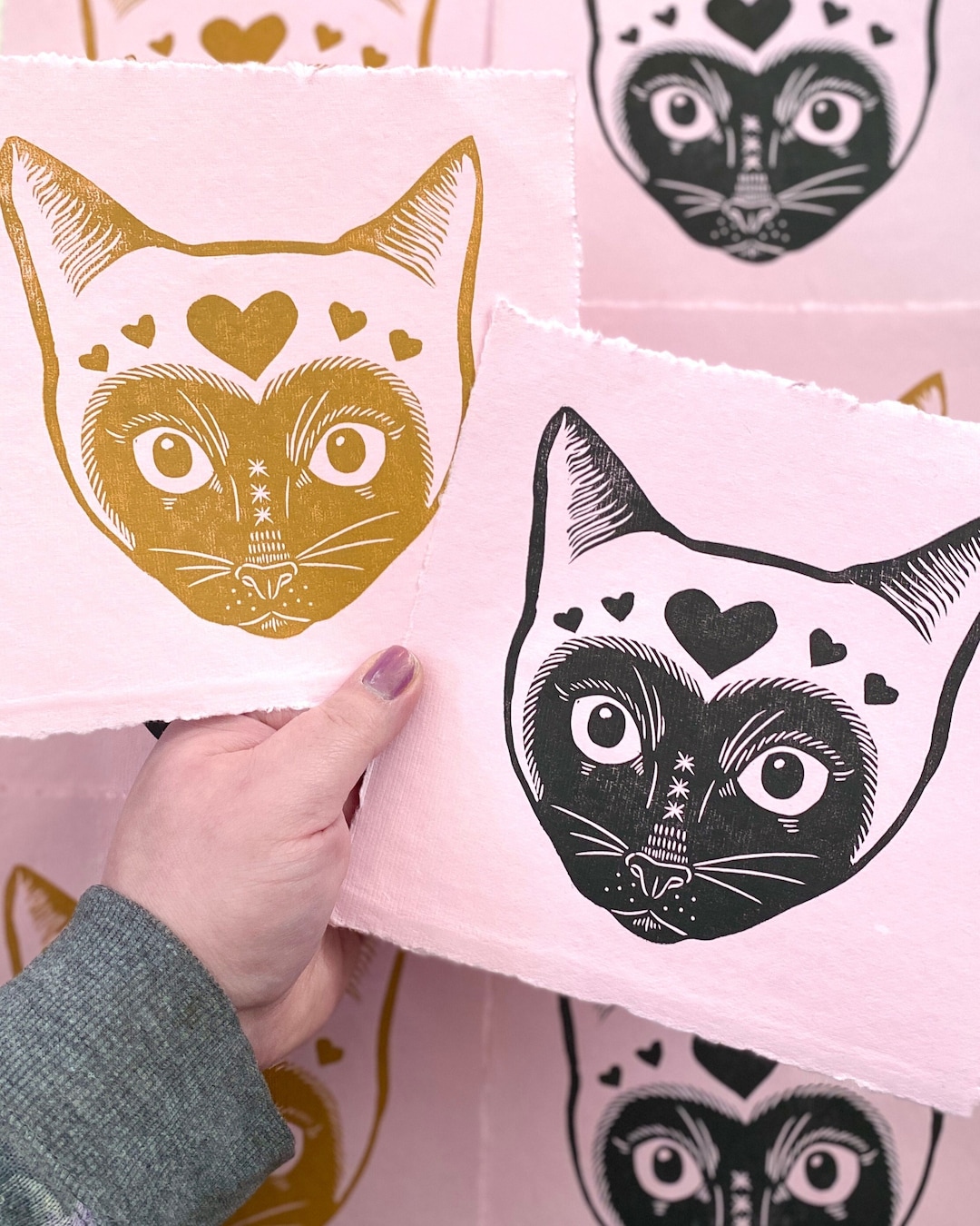 Valentine Siamese Cat Face Block Print Feline Heart Vintage Retro ...