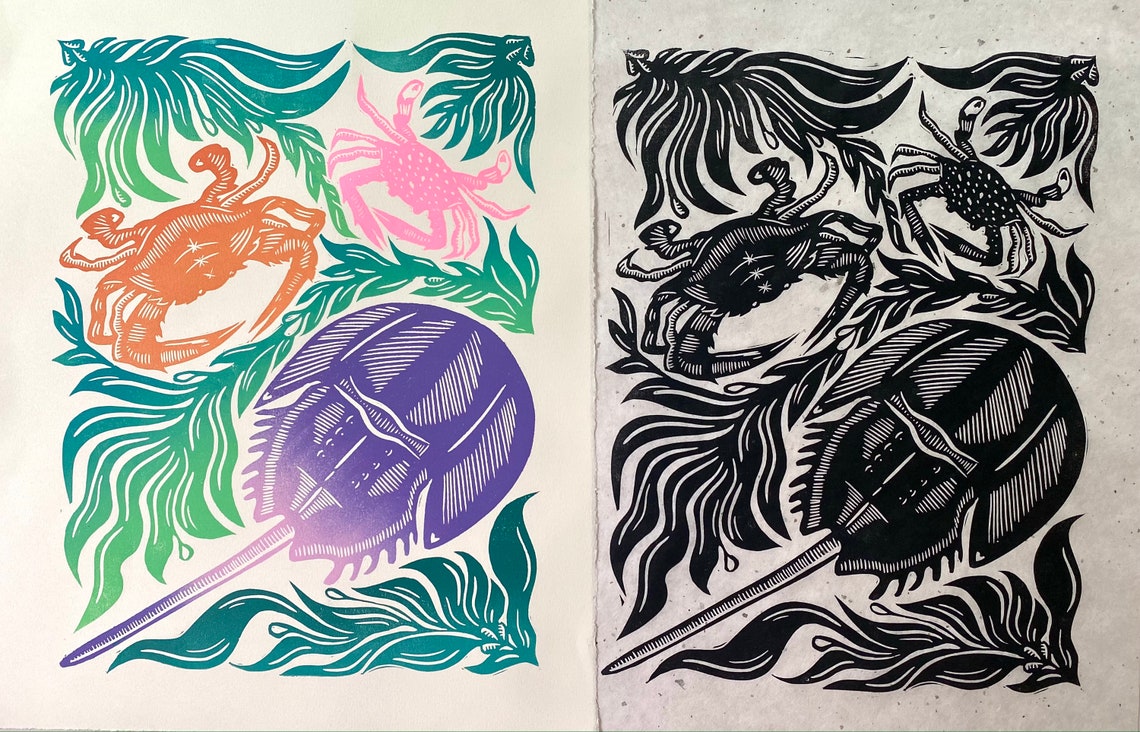 Crab Party Linocut Block Print Crustacean Ocean Life - Etsy