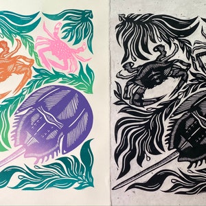 Crab Party Linocut Block Print Crustacean Ocean Life - Etsy