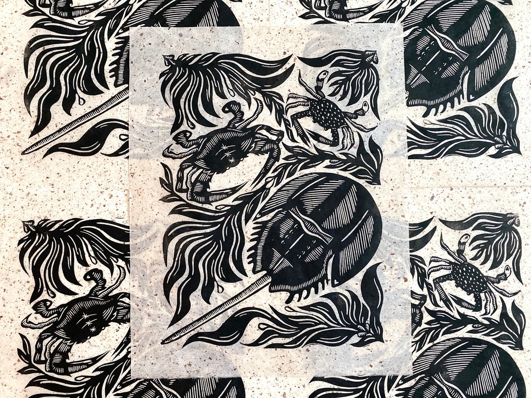 Crab Party Linocut Block Print Crustacean Ocean Life Horseshoe Crab ...