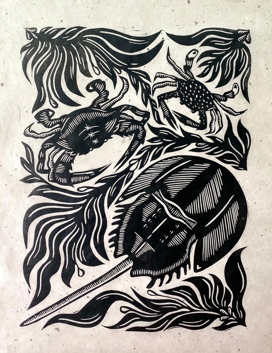 Crab Party Linocut Block Print Crustacean Ocean Life - Etsy