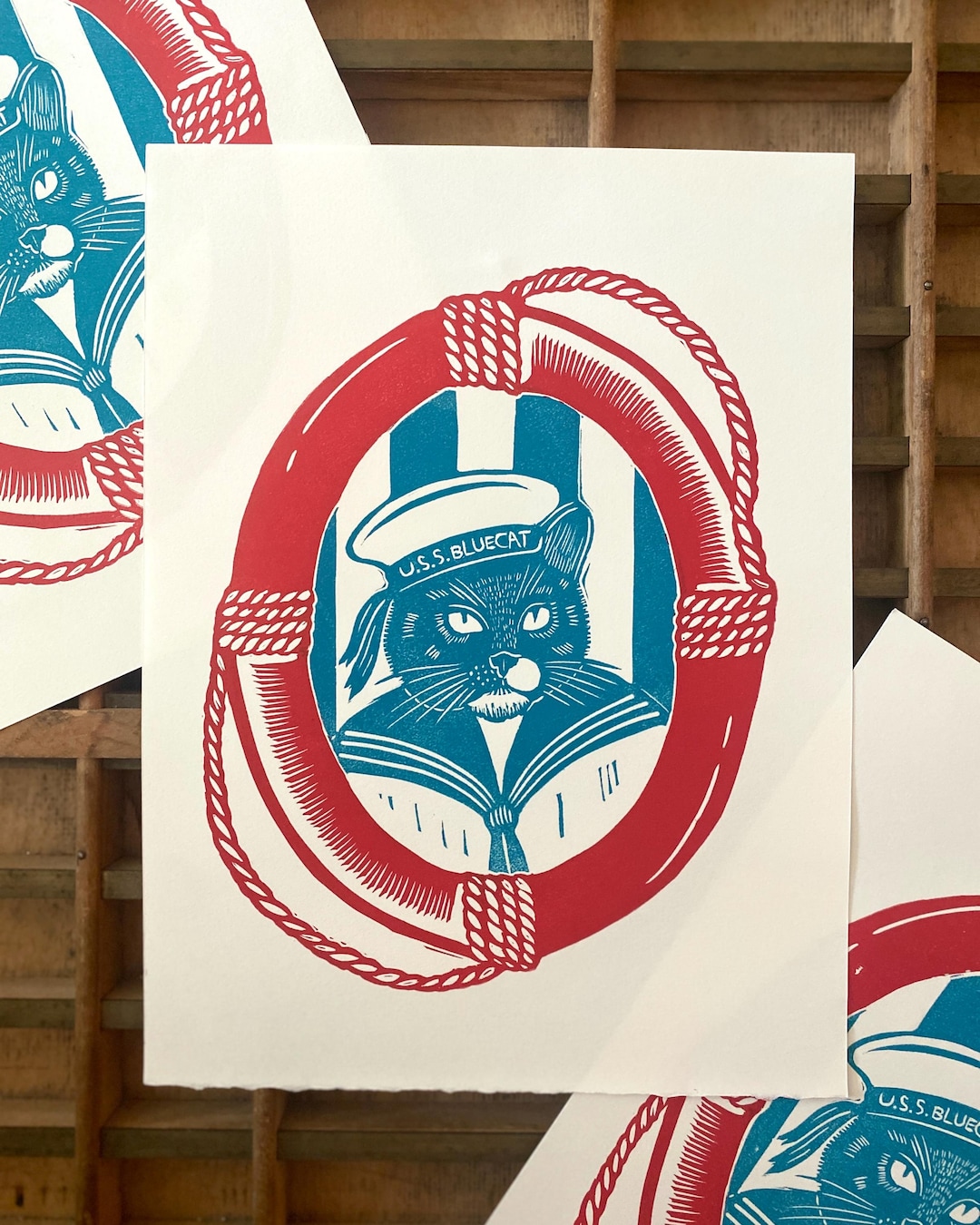 U.S.S. Bluecat Sailor Cat Linocut Print | Whimsical | Animal Art ...