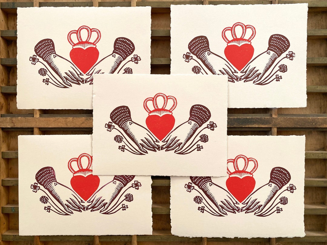 Claddagh Linocut Print Heart in Hands Irish Love Loyalty Friendship ...