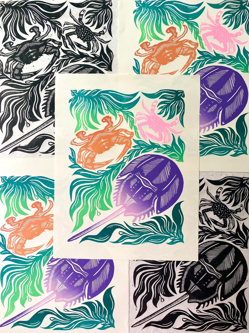 Crab Party Linocut Block Print Crustacean Ocean Life - Etsy