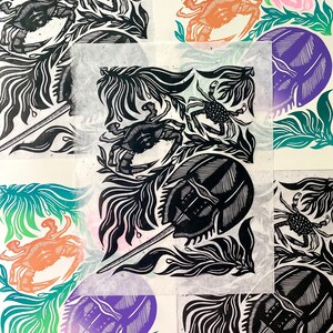 Crab Party Linocut Block Print Crustacean Ocean Life - Etsy