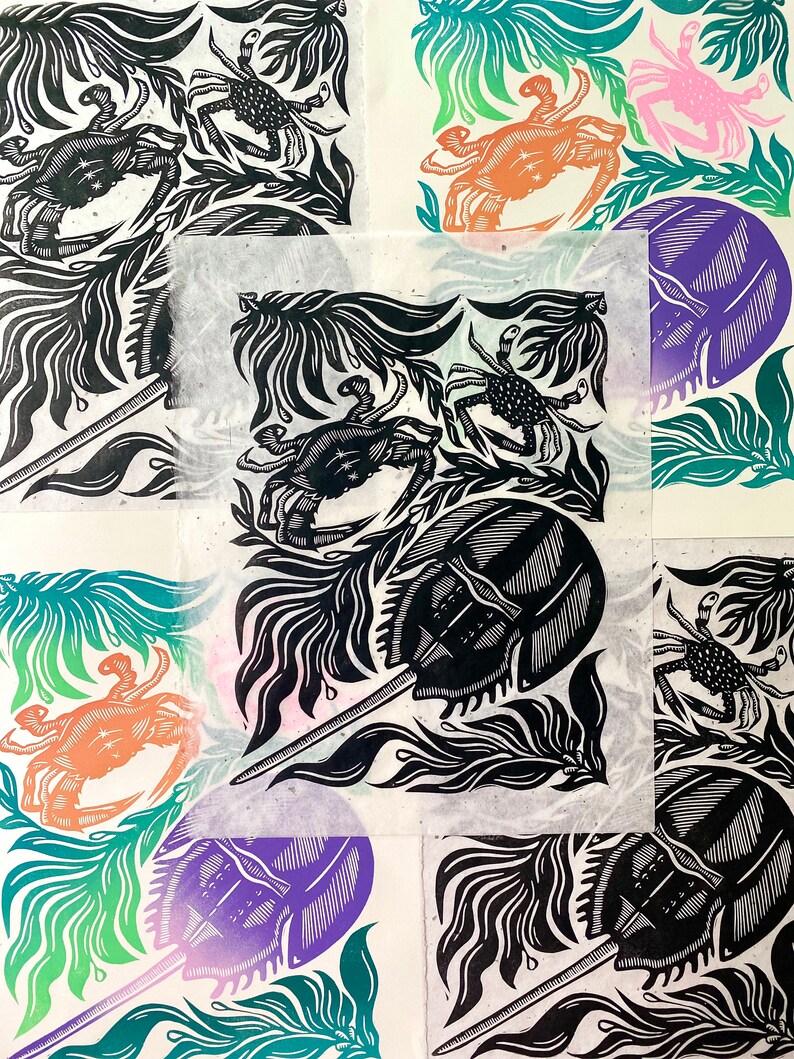 Crab Party Linocut Block Print Crustacean Ocean Life - Etsy