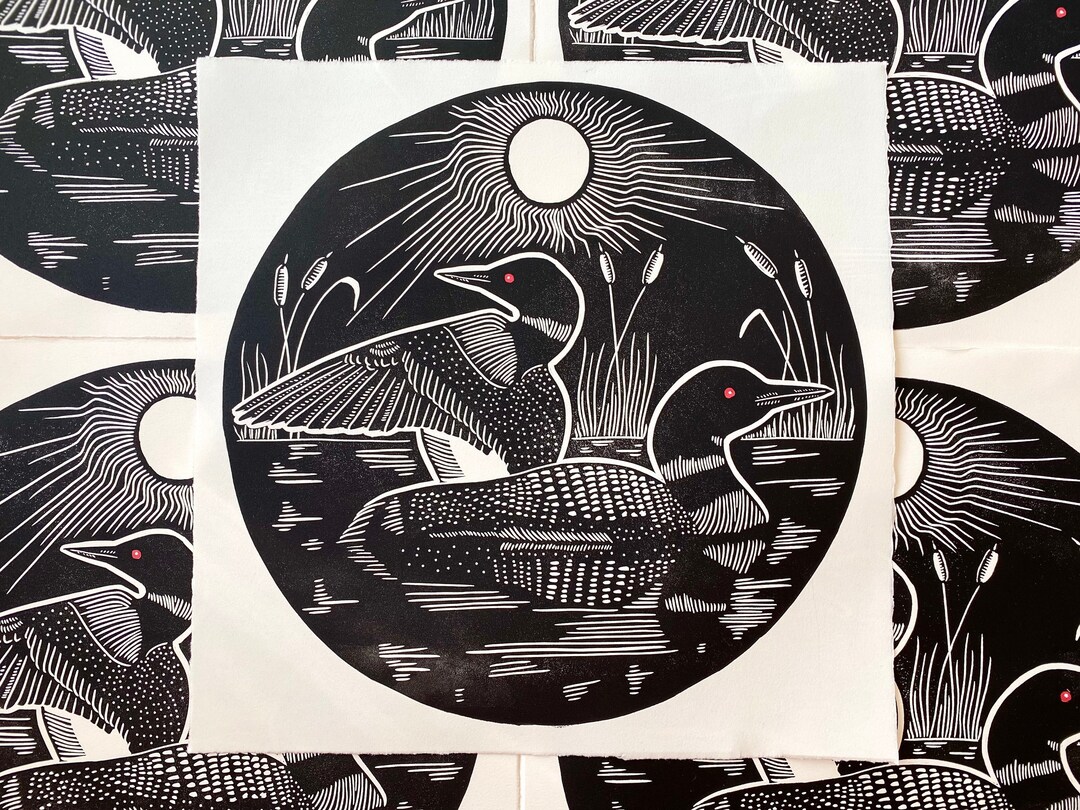 Two Loons Linocut Block Print Bird Ornithology Avian Relief - Etsy