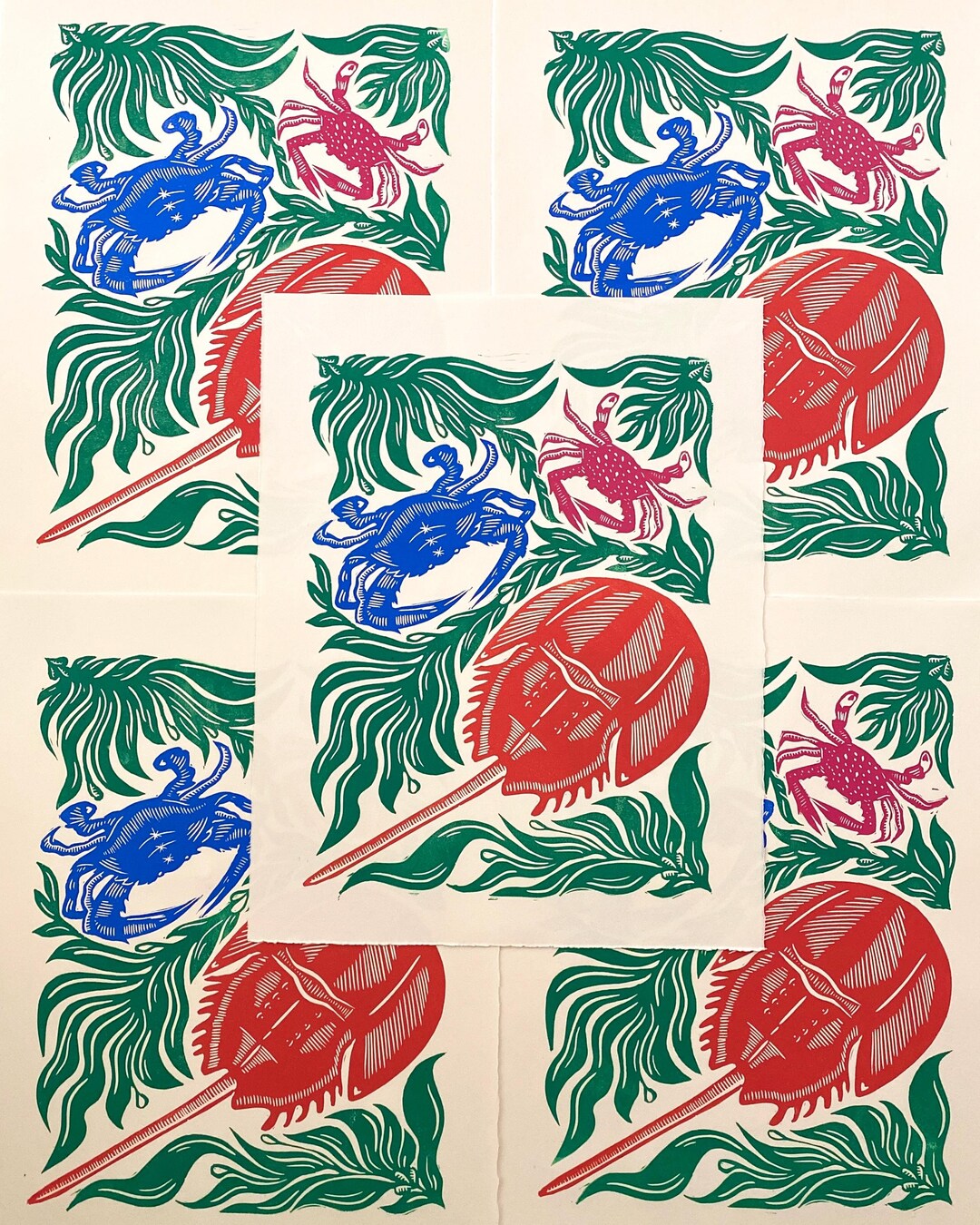 Crab Party Linocut | Block Print | Crustacean | Ocean Life | Horseshoe ...