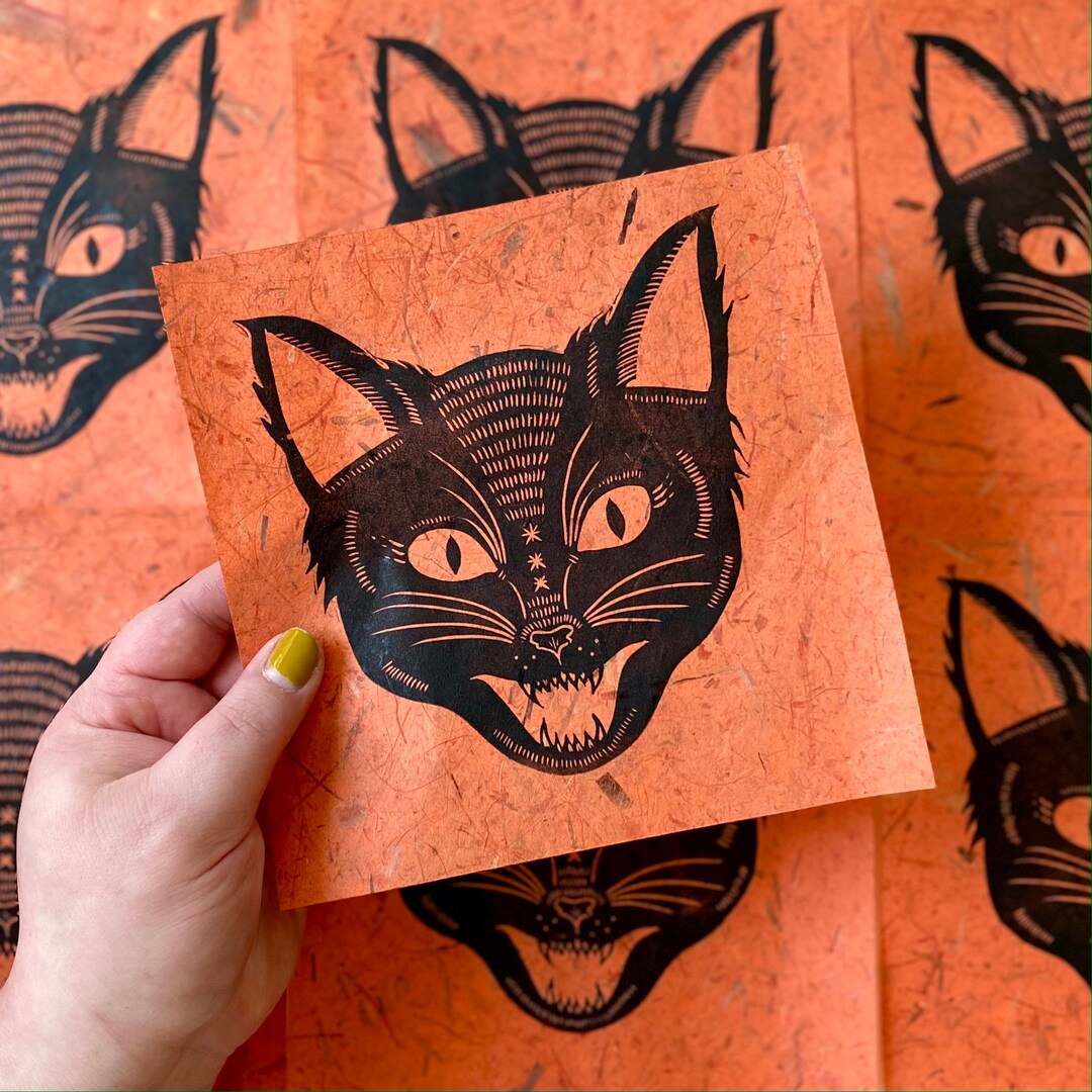 Halloween Black Cat Block Print- Spooky Season Cute Vintage Retro ...