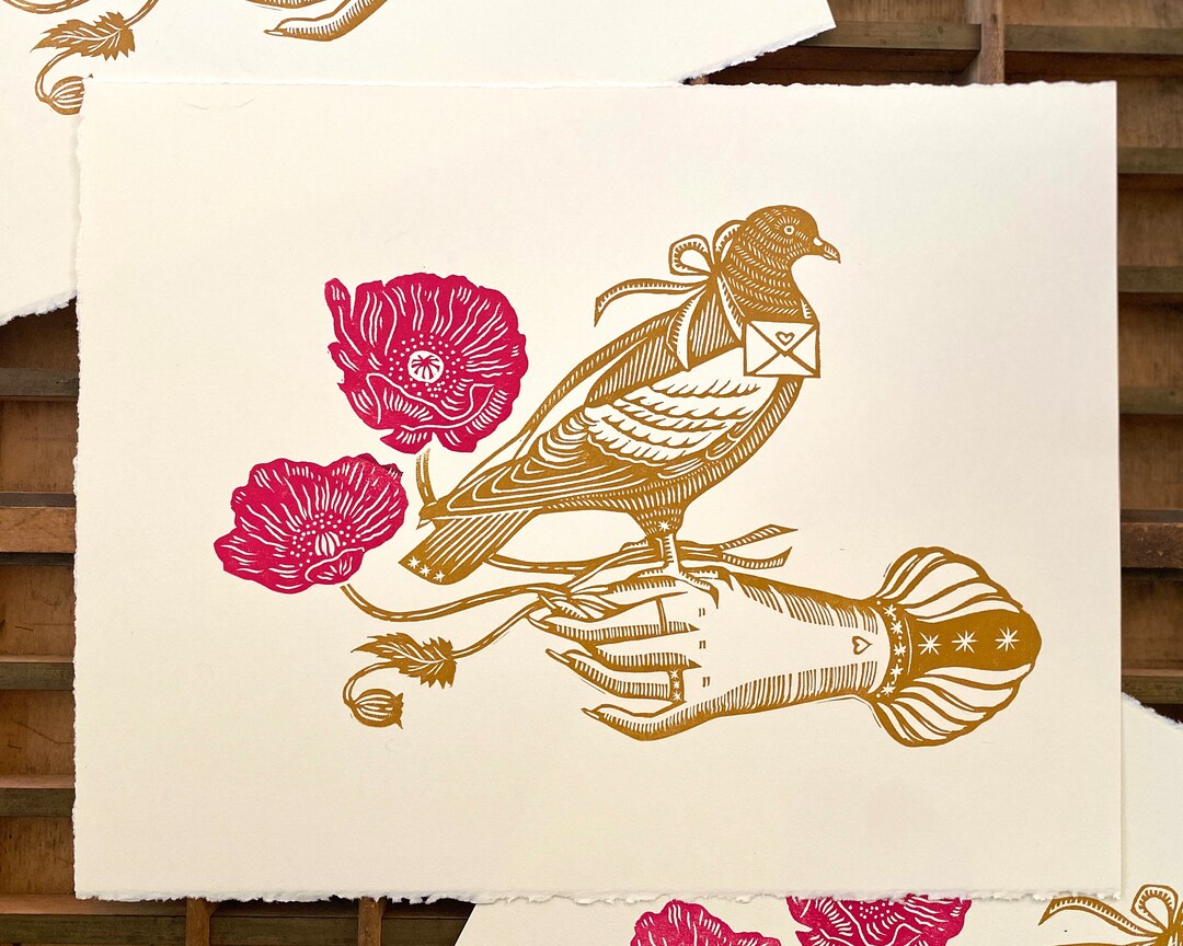 Messenger Pigeon Victorian Hand Linocut Block Print Romantic Victorian ...