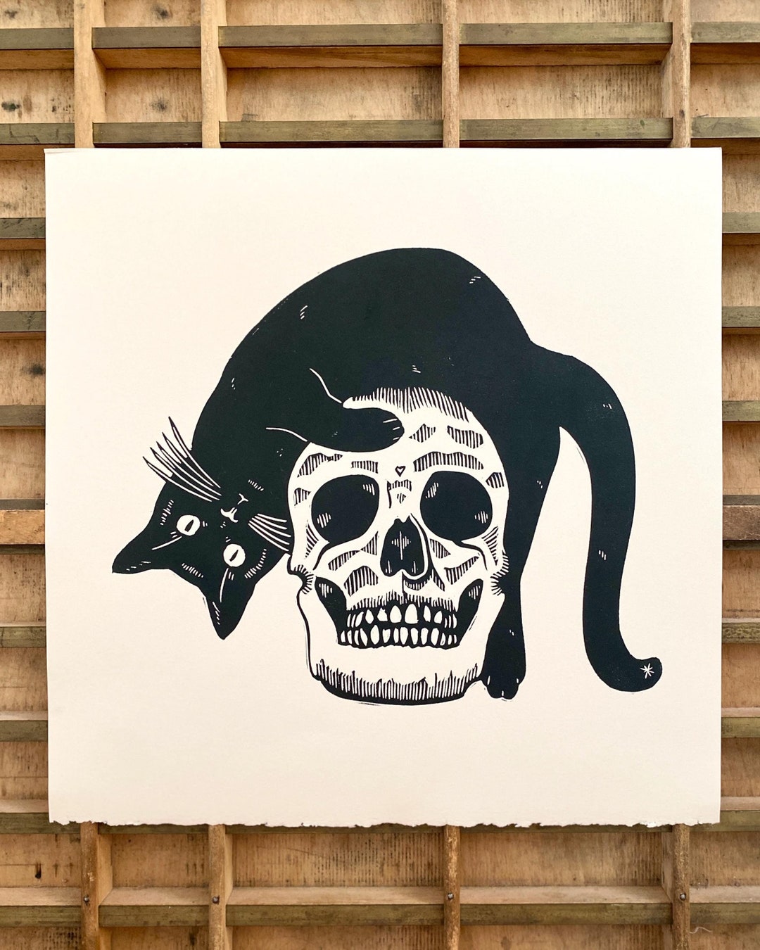 Black Cat Memento Mori Skull Linocut Print | Block Print | Whimsigoth ...