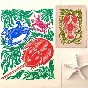 Crab Party Linocut | Block Print | Crustacean | Ocean Life | Horseshoe ...