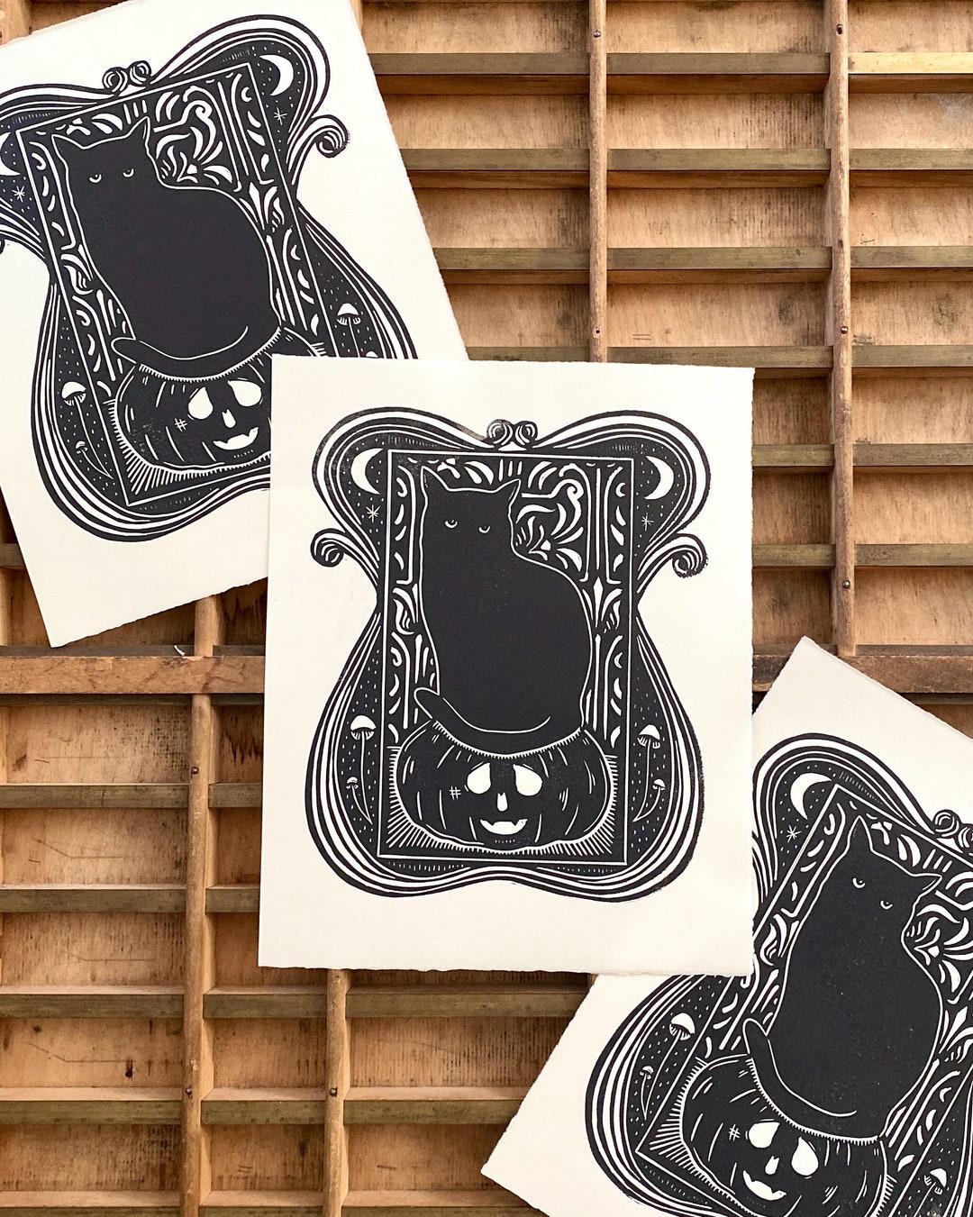 Halloween Cat Linocut Print | Halloween | Black Cat | Art Nouveau ...
