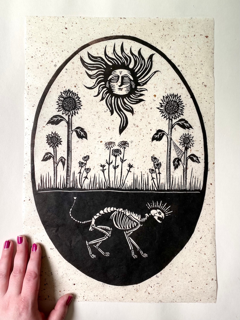 Elysium Linocut Print | Skeleton Art | Sunflowers | Celestial Art ...