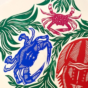 Crab Party Linocut | Block Print | Crustacean | Ocean Life | Horseshoe ...