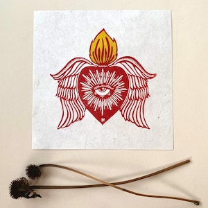 Sacred Heart Block Print | Evil Eye | Ex Voto | Cottagecore | Linocut ...