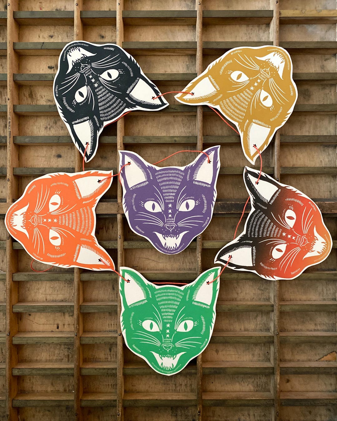 Handmade Halloween Cat Block Print Garland | Halloween Decor | Retro ...