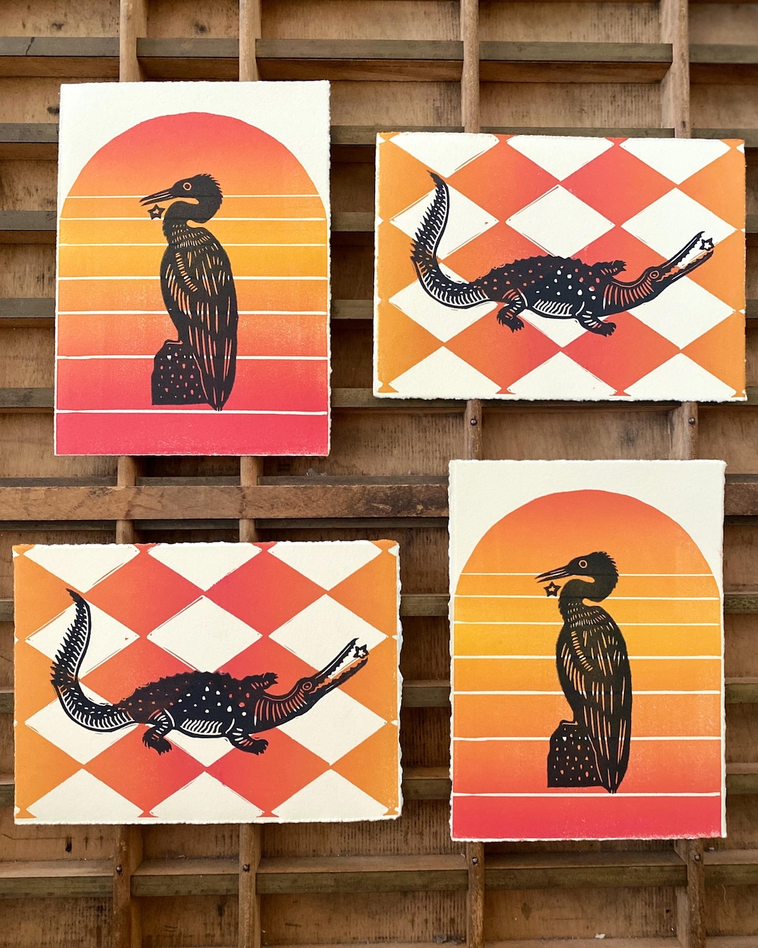 Wetlands Anhinga & Crocodile Linocut Prints | Nature Art | Bird Art ...