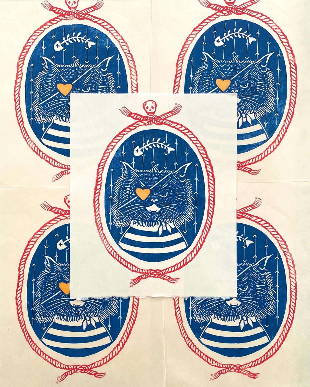 Ahoy! Pirate Cat Block Print | Whimsical | Animal Art | Linocut ...