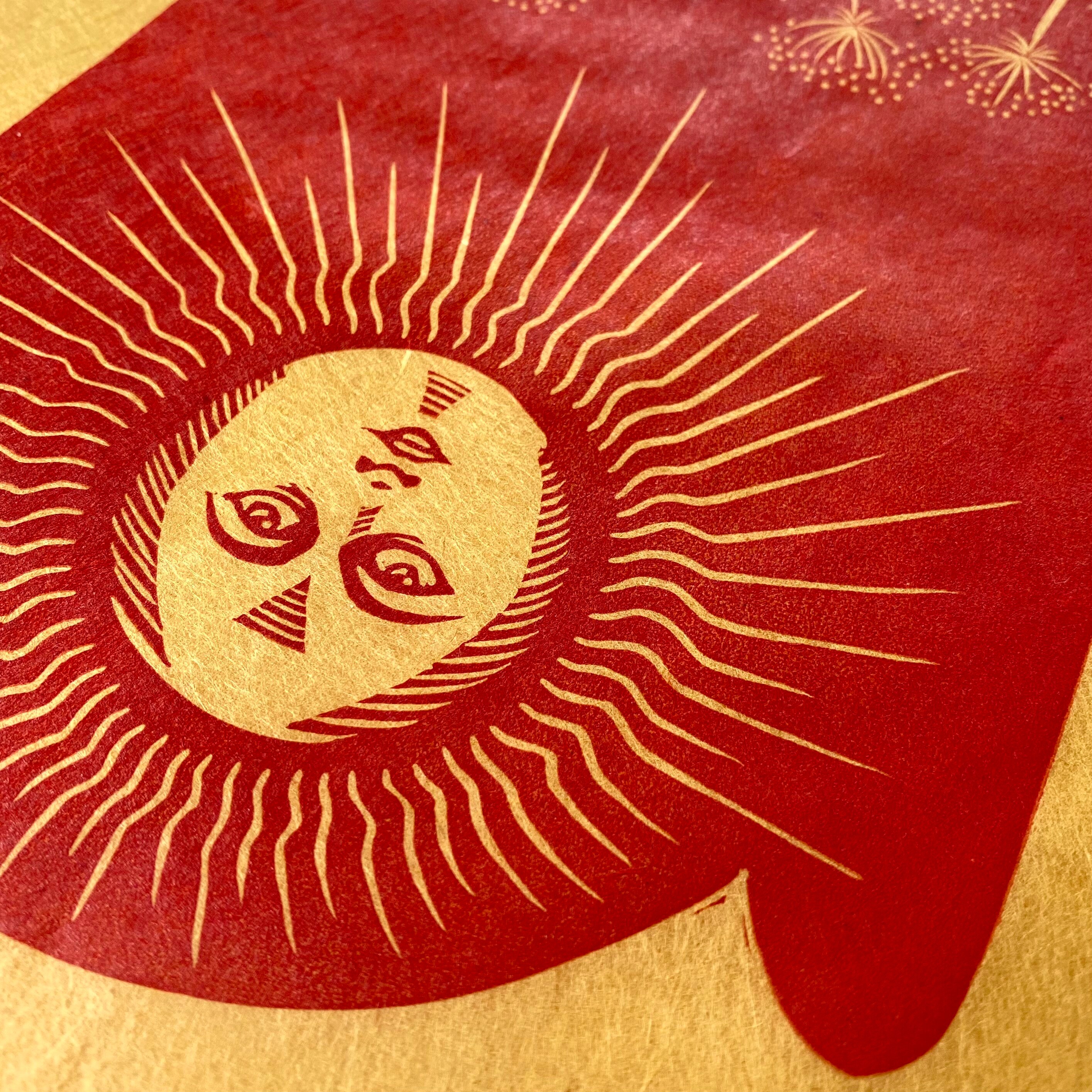 Prints Celestial Sun Wildflowers Botanical Autumn Sunset Linocut Relief ...