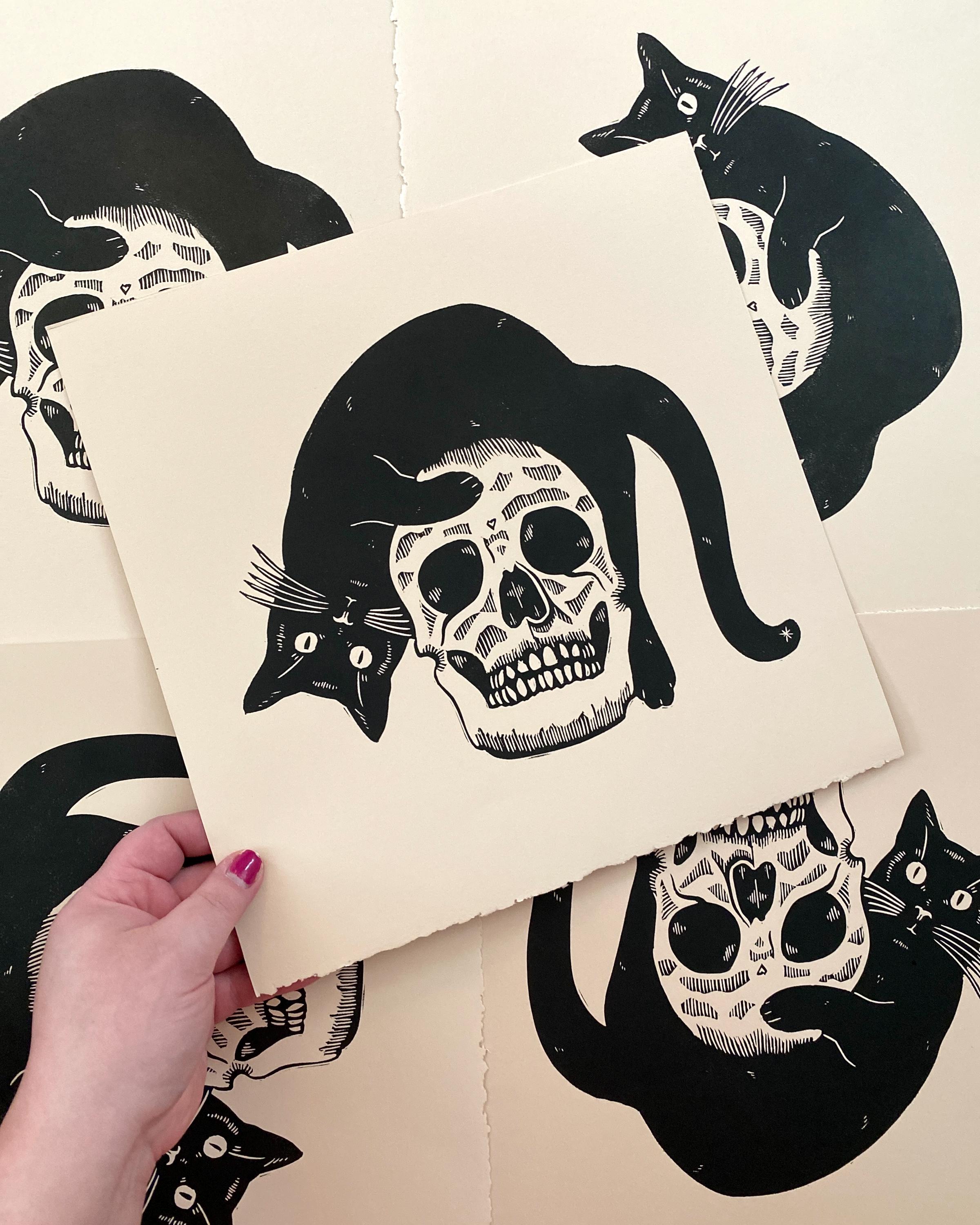 Black Cat Memento Mori Skull Linocut Print | Block Print | Whimsigoth ...