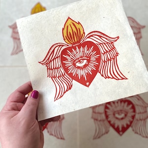 Sacred Heart Block Print | Evil Eye | Ex Voto | Cottagecore | Linocut ...