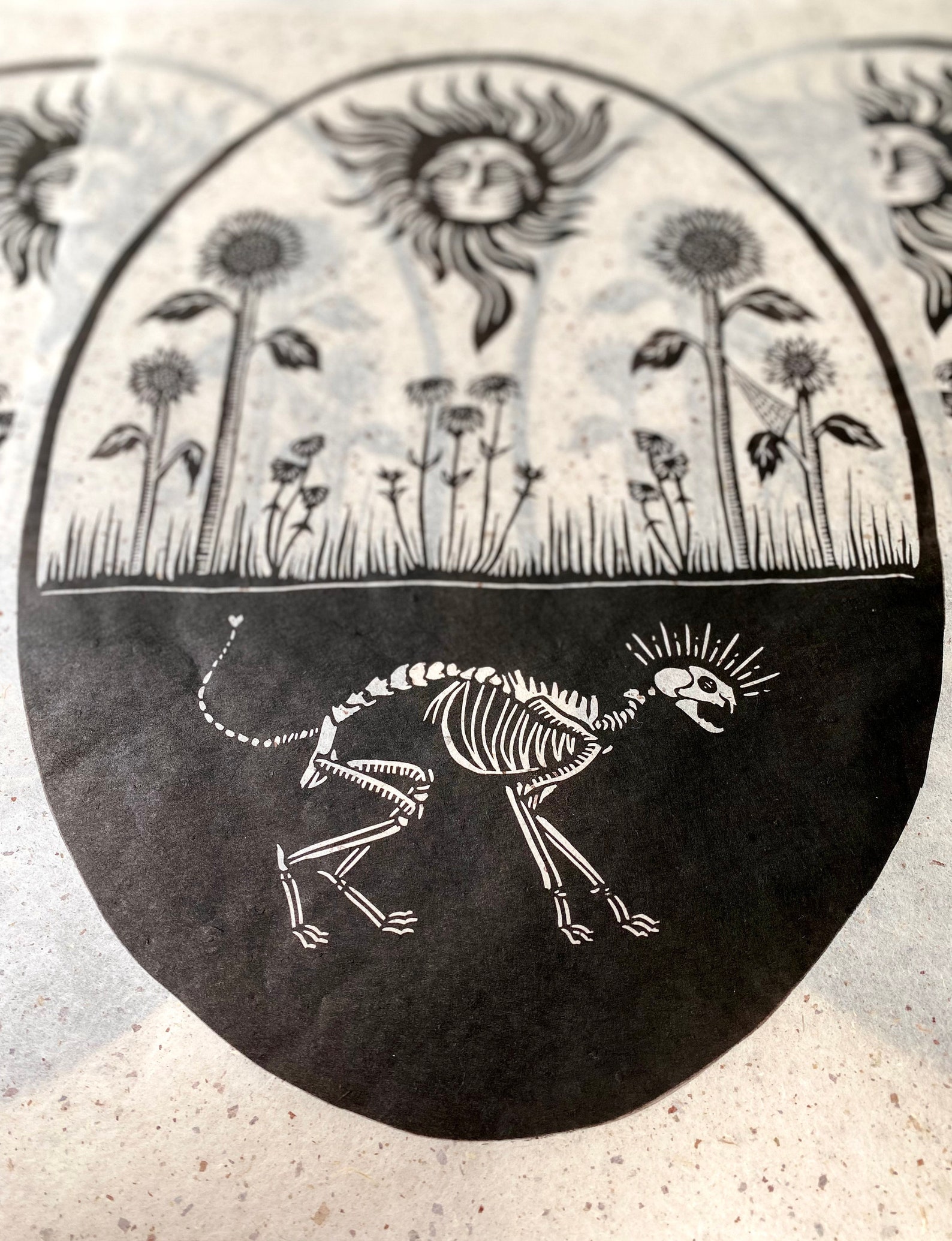 Elysium Linocut Print Skeleton Art Sunflowers Celestial - Etsy