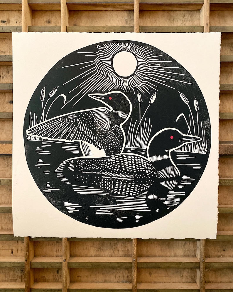 Two Loons Handmade Linocut Print | Bird Art | Ornithology | Gallery ...