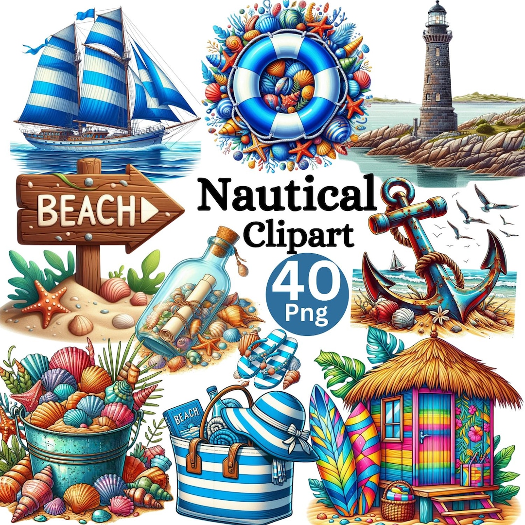 Watercolor Nautical Collection Clipart, 40 PNG Beach Clipart, Travel ...