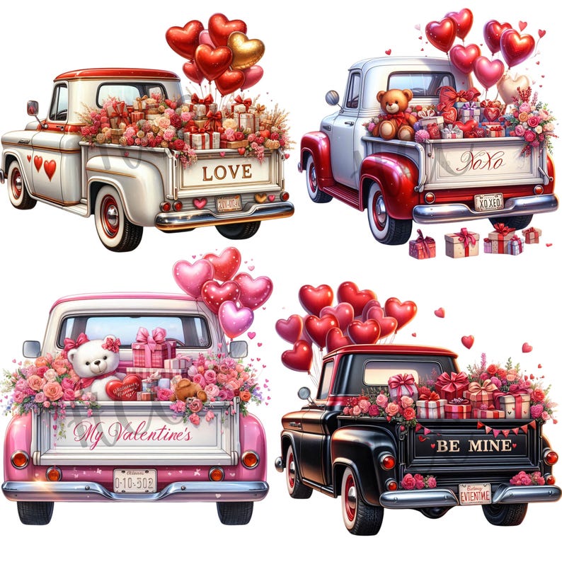 Watercolor Valentine Truck Clipart Bundle: Vintage PNG (digital ...