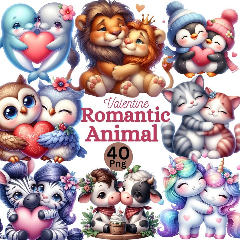 Watercolor Cute Animal Couple Clipart, 40PNG, Valentines Day Clipart ...