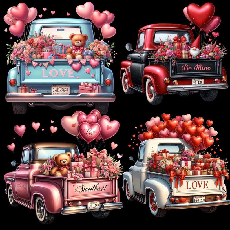 Watercolor Valentine Truck Clipart Bundle: Vintage PNG (digital ...