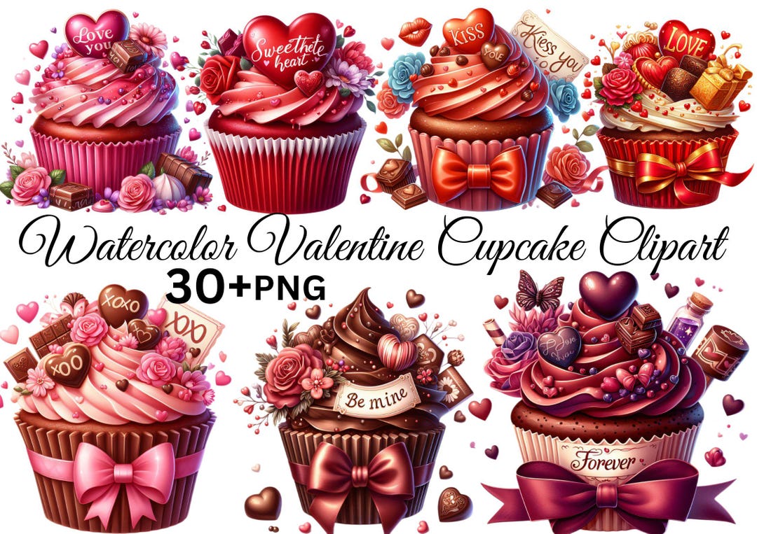 Red Valentines Day Cupcake Collection Clipart, 30 PNG Valentine Clipart ...