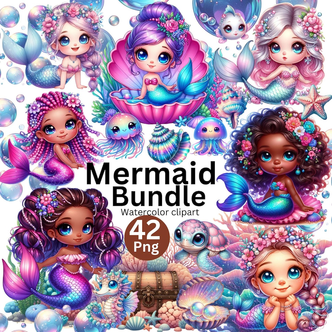 Sea Life & Mermaid Clipart PNG - Watercolor Ocean Animals, Glitter ...