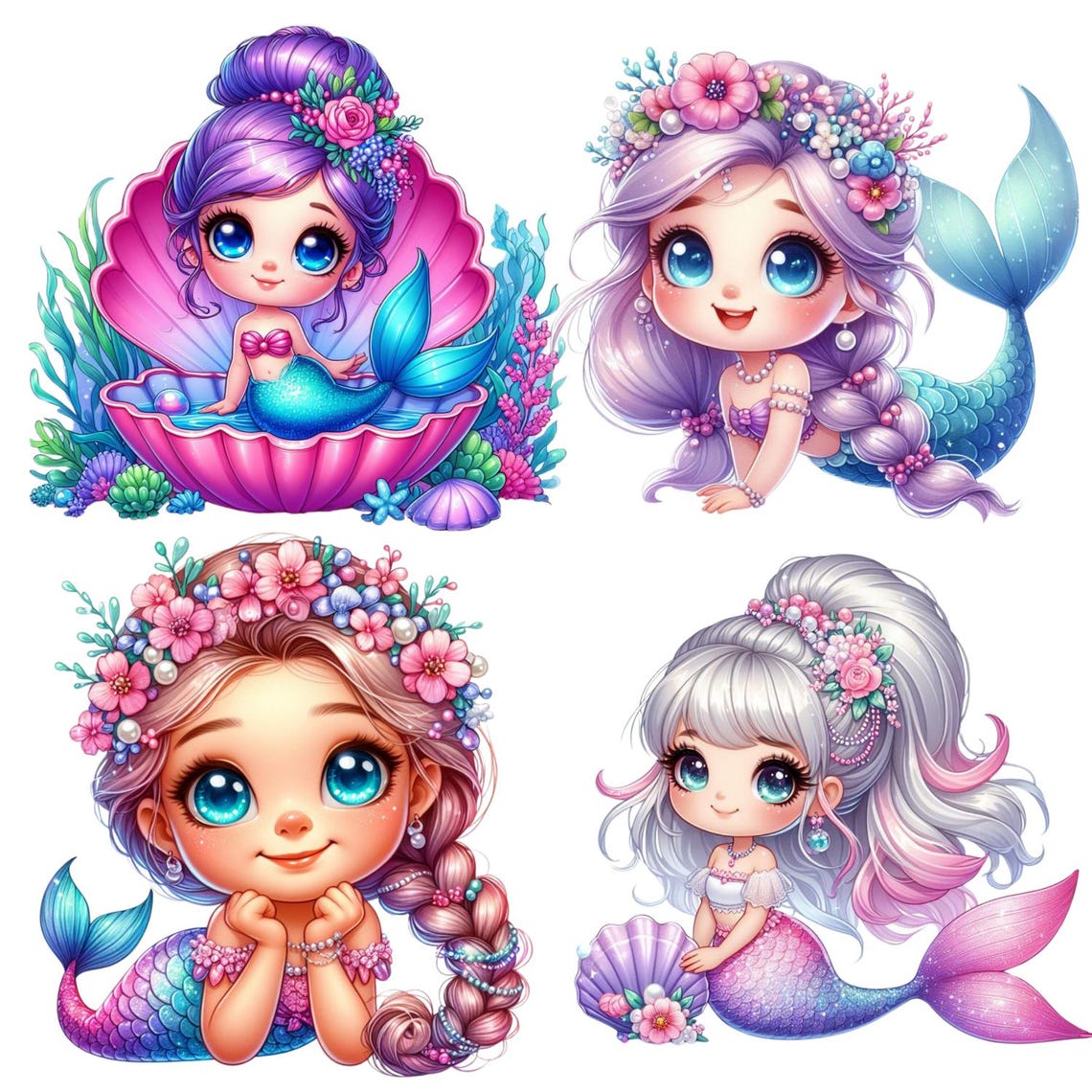 Sea Life & Mermaid Clipart PNG - Watercolor Ocean Animals, Glitter ...