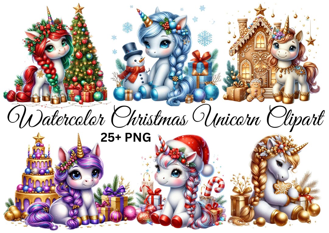 25+PNG, Christmas Unicorns Clipart Bundle, Festive Unicorn ...